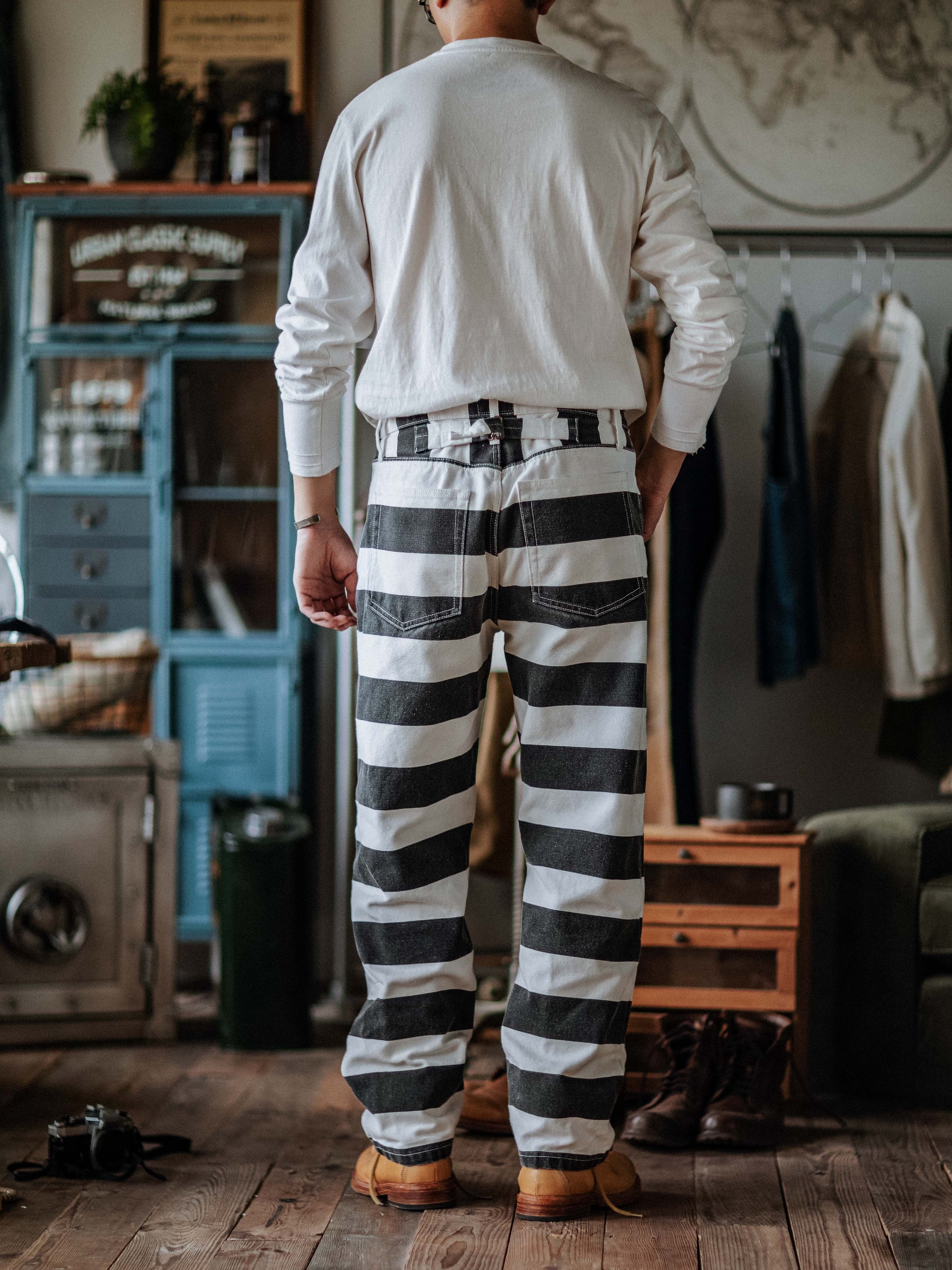 Wide Striped Prison Pant Motorcycle Trouser -Canvas